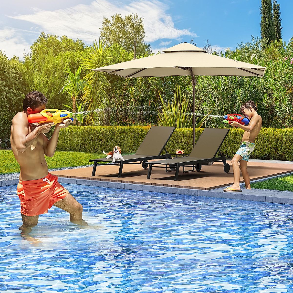 YITAHOME Patio Chaise Lounge Set of 3, Outdoor Lounge Chairs with Side Table, Adjustable Backrest Poolside Loungers with Wheels for Pool Beach Patio Lawn Porch - Brown