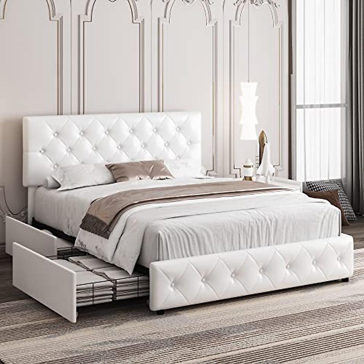 Queen Bed Frame with Storage and Adjustable Headboard, Bed Frame with 4 Drawers and Wooden Slats Support, No Box Spring Needed, PU, White
