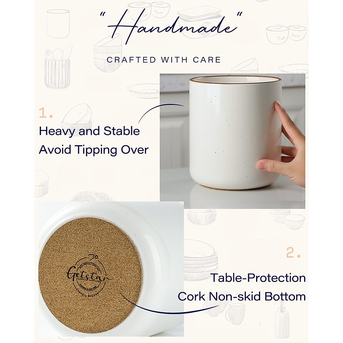 getstar Kitchen Utensil Holder, Large Ceramic Cooking Utensil Holder (H7.2” x W6.2”) for Kitchen Counter with Cork Mat at Bottom, Farmhouse Kitchen Decor