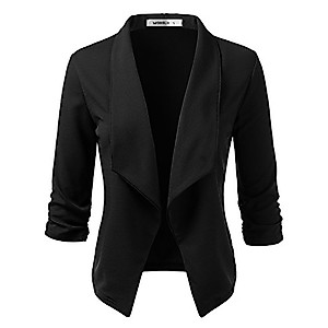 DOUBLJU Women's Casual Work Ruched 3/4 Sleeve Open Front Blazer Jacket with Plus Size Black