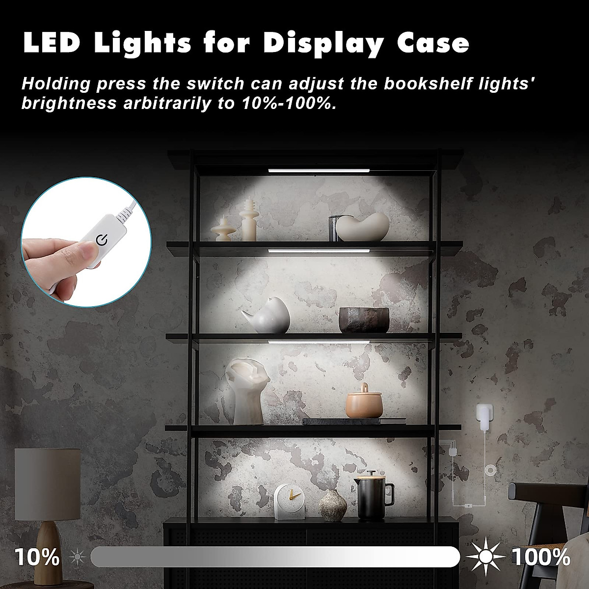 JUSJUBR 4-Pack Cold White Display Shelf Lights, Under Shelf Lighting with Memory Function, 12 Inch 6000K Plug-in Bookshelf Lighting, LED Cabinet Lights for Display Case/Pantry/Closet/Safe