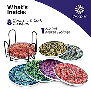 Mandala Drink Coasters with Holder - 8 Set Ceramic Boho Coasters for Drinks Absorbent with Cork Base and Black Holder - Coasters for Coffee Table Apartment Wooden Bar Mug Glasses Cup Beer