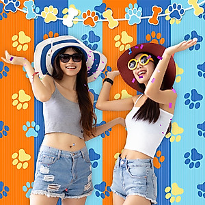 WovWeave 2 Packs Blue Dog Fringe Curtains 3.3 x 6.6 Ft Dog Paw Foil Fringe Backdrop Orange Blue and Light Blue Tinsel Streamers for Blue Dog Themed Baby Shower Birthday Party Supplies Decorations