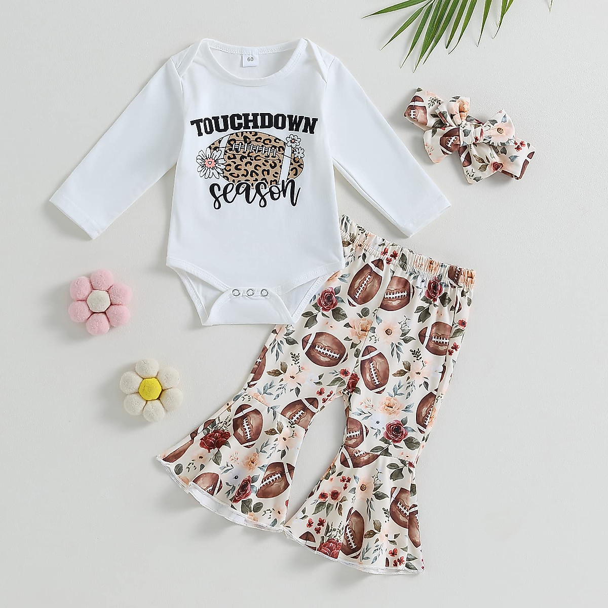 Twopumpkin My First Thanksgiving Baby Girl Outfit Newborn Turkey Onesie Romper Bell Bottoms 1st Thanksgiving Clothes (Football Season White, 0-3 Months)
