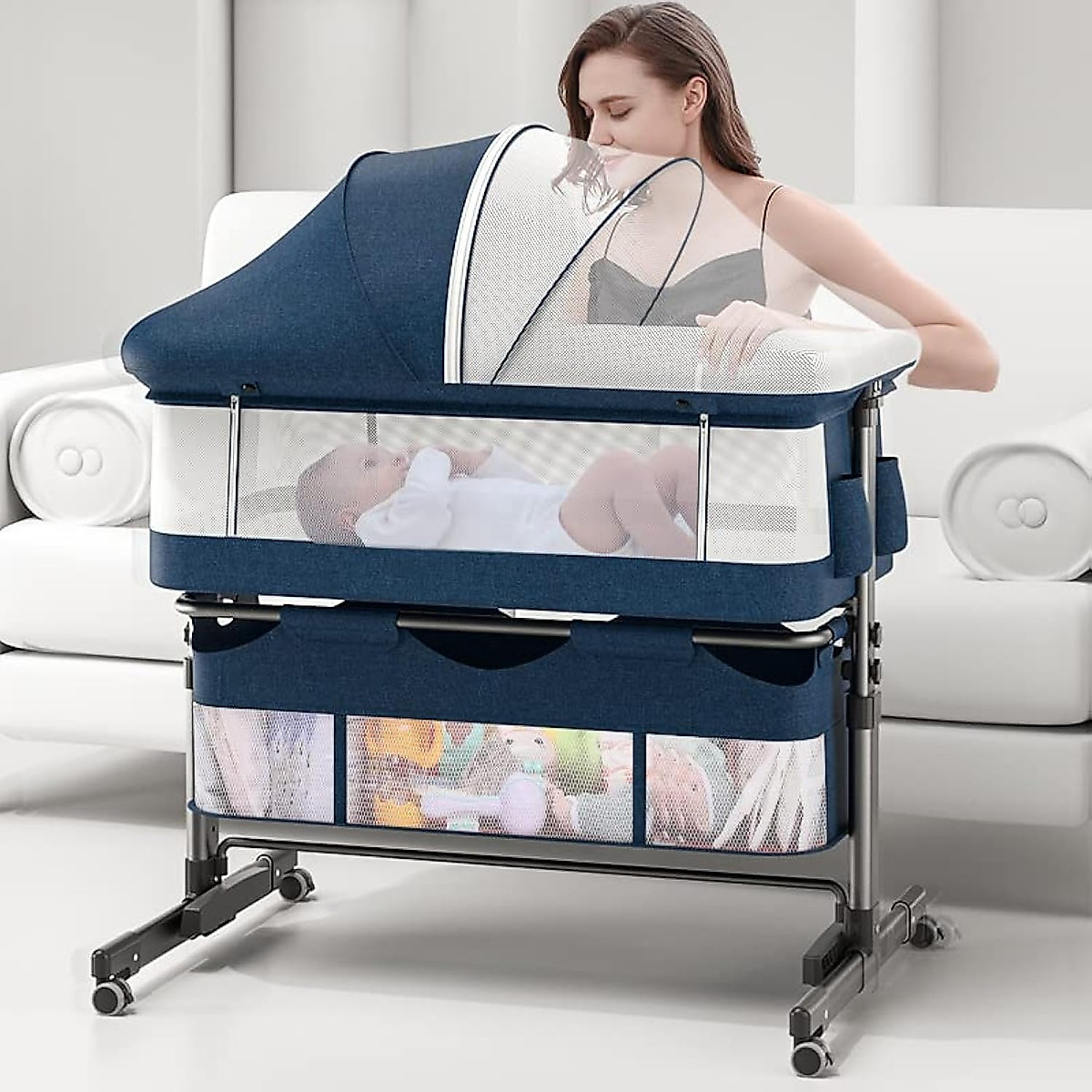 3 in 1 Baby Bassinet, Upgraded Beside Crib with 360° Highly Visible Mesh wall, Comfy Co-sleeper Bassinet with mattress, 5 Level Adjustable Height, Foldable & Portable BabyTravel Crib for Newborn, Blue
