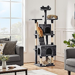 Yaheetech XL Cat Tree, 72in Multi-Level Cat Tower w/ 2 Cozy Caves, 3 Soft Perches, Scratching Posts, Board, and Dangling Ball, Cat Furniture Cat Play House Kittens, Dark Gray