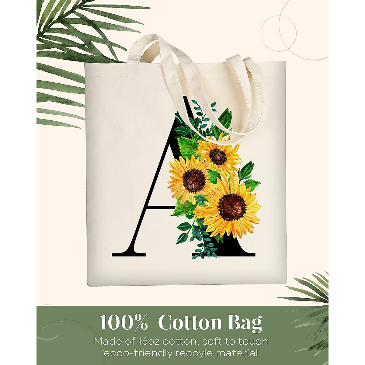 AUSVKAI Canvas Tote Bag Aesthetic for Women, Cute Sunflower Initial Trendy Monogram Personalized Initial Birthday Reusable Cloth Cotton Bags with Handle for Grocery College Shopping Beach