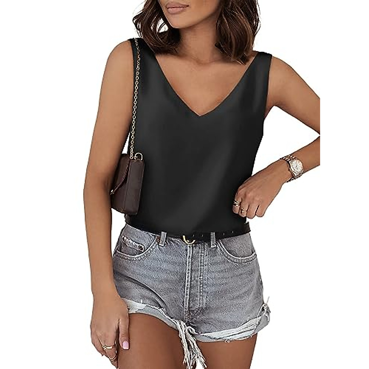 Dokotoo Black Tank Top Women 2023 V Neck Satin Long Flowy Womens Tank Tops Loose Fit Silk Dressy Camisole Black Medium