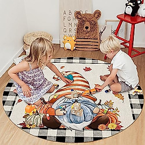 Thanksgiving Plaid Round Area Rug 3ft,Washable Outdoor Indoor Carpet Runner Rug for Bedroom,Kitchen,Living Room,Office,Area+Rug Small Bath Door Desk Floor Mat Buffalo Check Gnome Pumpkins Black Beige