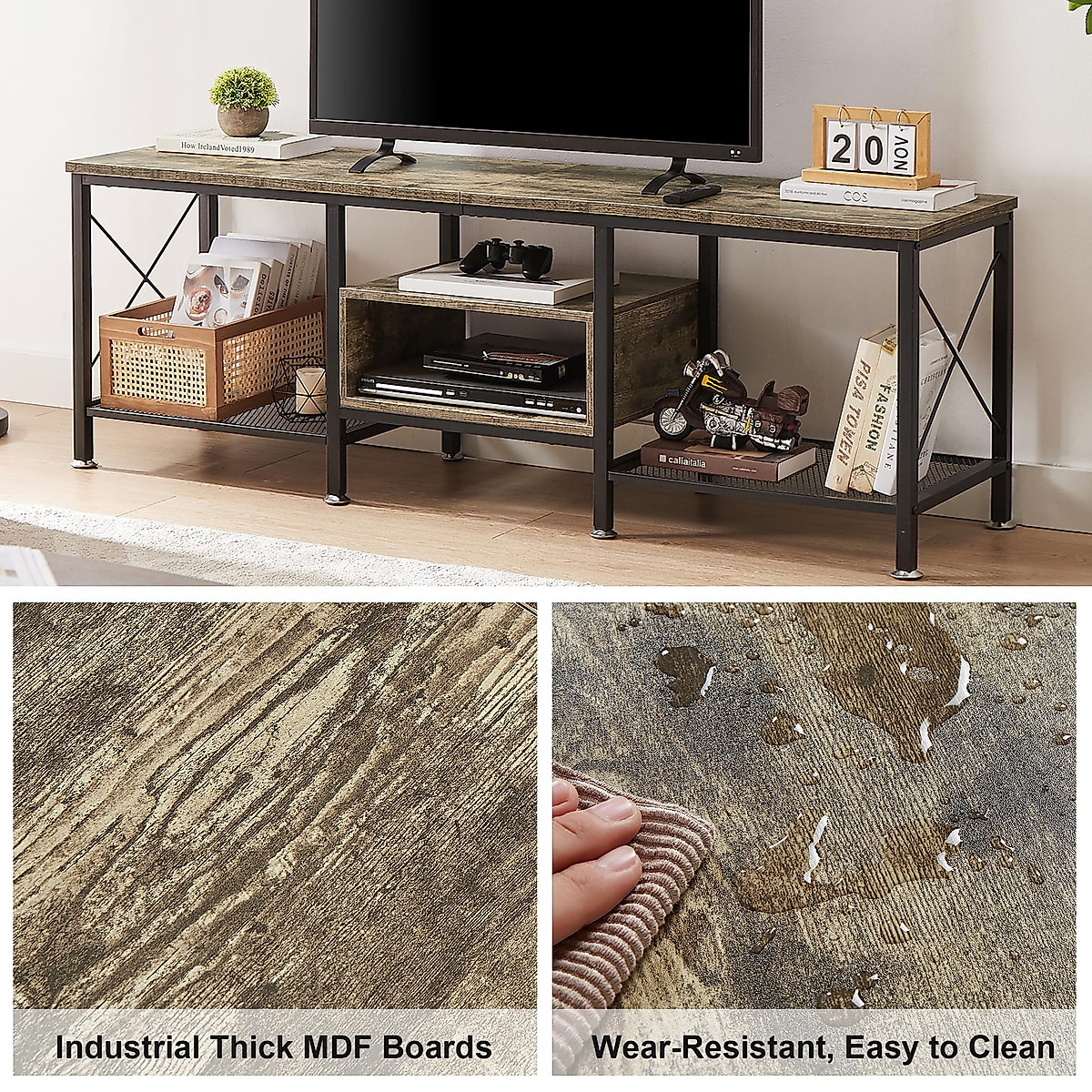 VECELO Industrial TV Stand for 65 Inch Television Cabinet 3-Tier Console with Open Storage Shelves, Entertainment Center Metal Frame for Living Room, Bedroom, 55 Inch, Grey