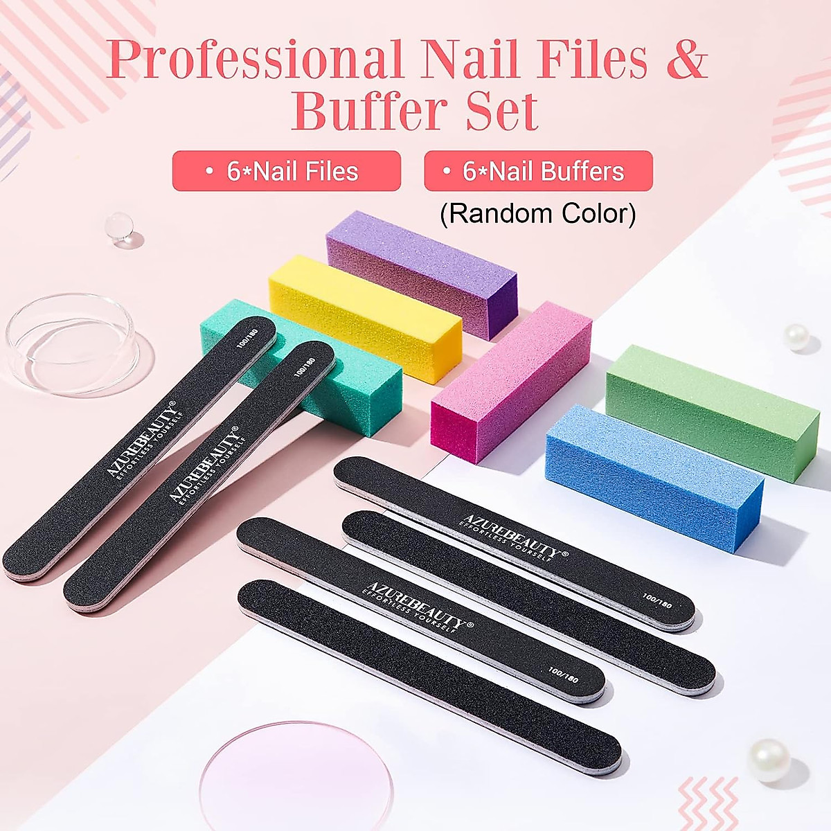 AZUREBEAUTY Nail Files and Buffers, 12Pcs Professional Dip Powder Manicure Tools Kit, 6 Pcs Double Sided 100/180 Grit Nail Files & 6Pcs Rectangular Nail Buffer Block Random Color