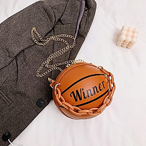 Obovoid Women's basketball bag Basketball-Shaped Crossbody Bag Handbag Girl Mini One-Shoulder PU Leather Round Handbag (Yellowish brown)