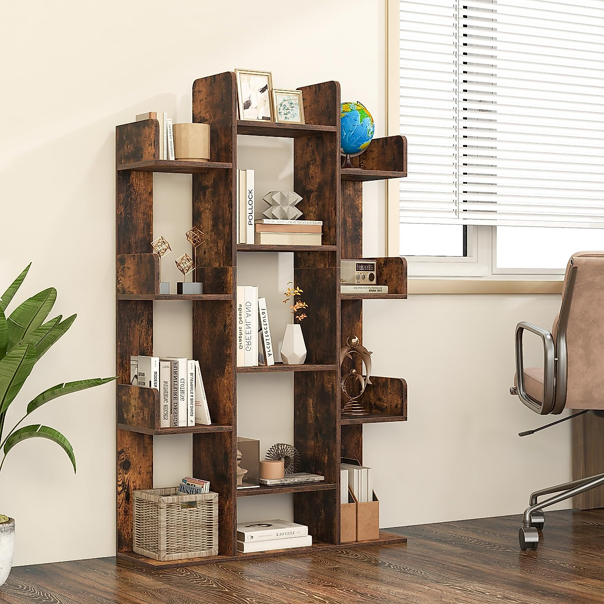 Tangkula Freestanding Tree Bookshelf, Corner Storage Organizer with 13 Open Shelves, Decorative Display Cube Shelf for Living Room, Study, Office, 34 x 9.5 x 55.5 Inch (1, Rustic Brown)