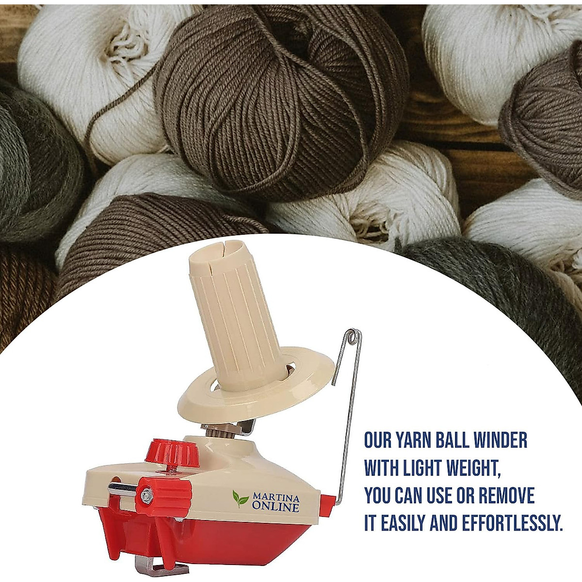 Martina Online Yarn Winder into Organized Balls Tangle-Free with Portable Hand Operated Yarn Ball Winder Making Knitting and Crocheting Like a Breeze with Fixing Clamping Hook.
