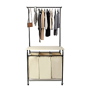 tonchean Laundry Hamper, 3 Section with Ironing Board, Removable Hanging Bar & Bags, Rolling Laundry Cart, 59"H x 29"L x 17"W, Yellow