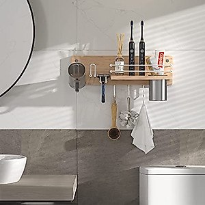 RoleDes Bamboo Hair Dryer Holder Wall Mount,Bathroom Organizer for Styling Tools,Blow Dryer,Curling Iron,Hair Straightener Floating Shelves for Hairdryer Storage