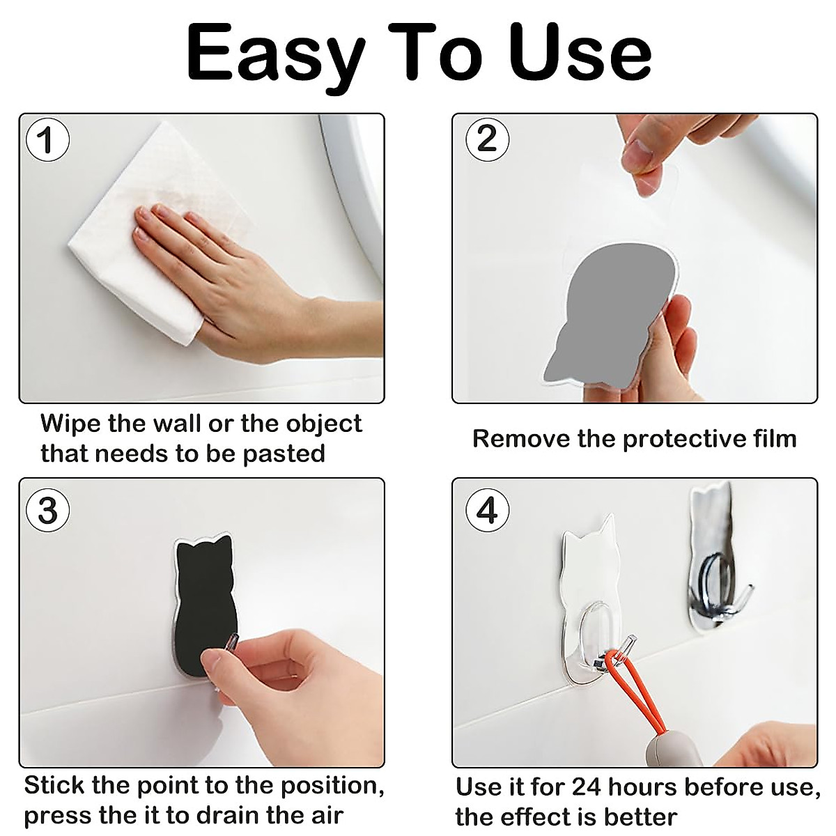 DeryArcle 4Pcs Cat Key Hook, Self Adhesive Hooks White Creative Cartoon Coat Hook Wall Mounted Hanger for Towel Scarf Bag Hat Gloves Robe Clothes (Type A)