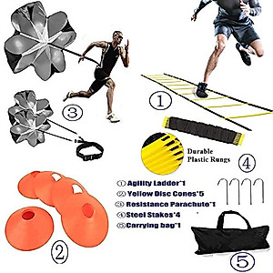 Speed Training Football Cones Workout Ladder Training Kit-12 Rung 20Ft Agility Ladder, 5 Round Training Cones,Resistance Parachute, 4 Steel Stakes, Parachute Speed Training For Faster Footwork