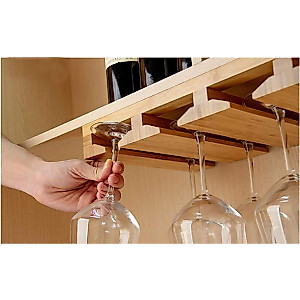 Kework Bamboo Wine Glass Holder, Hold Up to 6 Wine Glasses, Hanging Stemware Display Rack, Under Cabinet Mounted Wine Glass Drying Storage Hanger Organizer Rack (6-glass)
