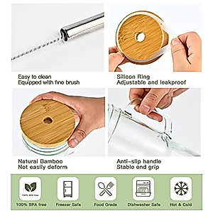 Glass Cups with Bamboo Lids and Straws,24oz Tumbler With Handle,2 Pack Mason Jar with Lid and Straw-Wide Mouth Reusable Drinking Glasses,Boba Cup Smoothie Tumbler Iced Coffee Cup Travel Mug