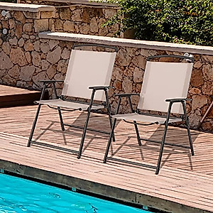Giantex Set of 2 Patio Folding Chairs - Outdoor Sling Chairs with Armrests and Rustproof Steel Frame, Patio Dining Chairs with Breathable Fabric for Garden, Backyard Poolside Indoors, No Assembly (1)