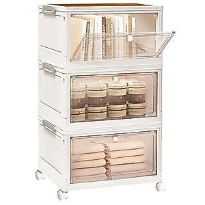23QT Plastic Stackable Storage Drawers, 3 Tiers Collapsible Storage Bins with Lids, Clear Storage Drawers for Clothes Storage & Organization, Craft Storage Bins Foldable Storage Boxes with Doors