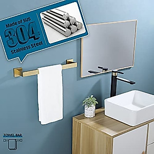 KOKOSIRI 16-Inch Single Towel Bar, Bathroom Towel Holder, Bath Towel Hook Square Robe Hook Coat Hook, Wall Mounted, SUS 304 Stainless Steel, Brushed Gold, B05A3-BG-L16