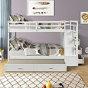 Bunk Bed Twin Over Twin, Bunk Bed with Trundle for Adults, Bunk Bed with Stairs and Storage, Kids Twin Bunk with Drawers(White)