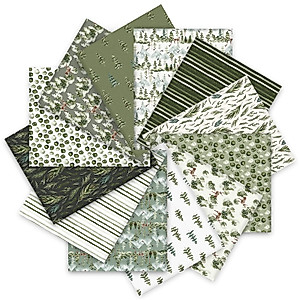 Whaline 12Pcs 18" x 22" Christmas Fat Quarter Fabric Bundles Watercolor Green Christmas Tree Printed Quilting Patchwork Cotton Craft Fabric Pre-Cut Square Sheets for DIY Patchwork Sewing Crafting