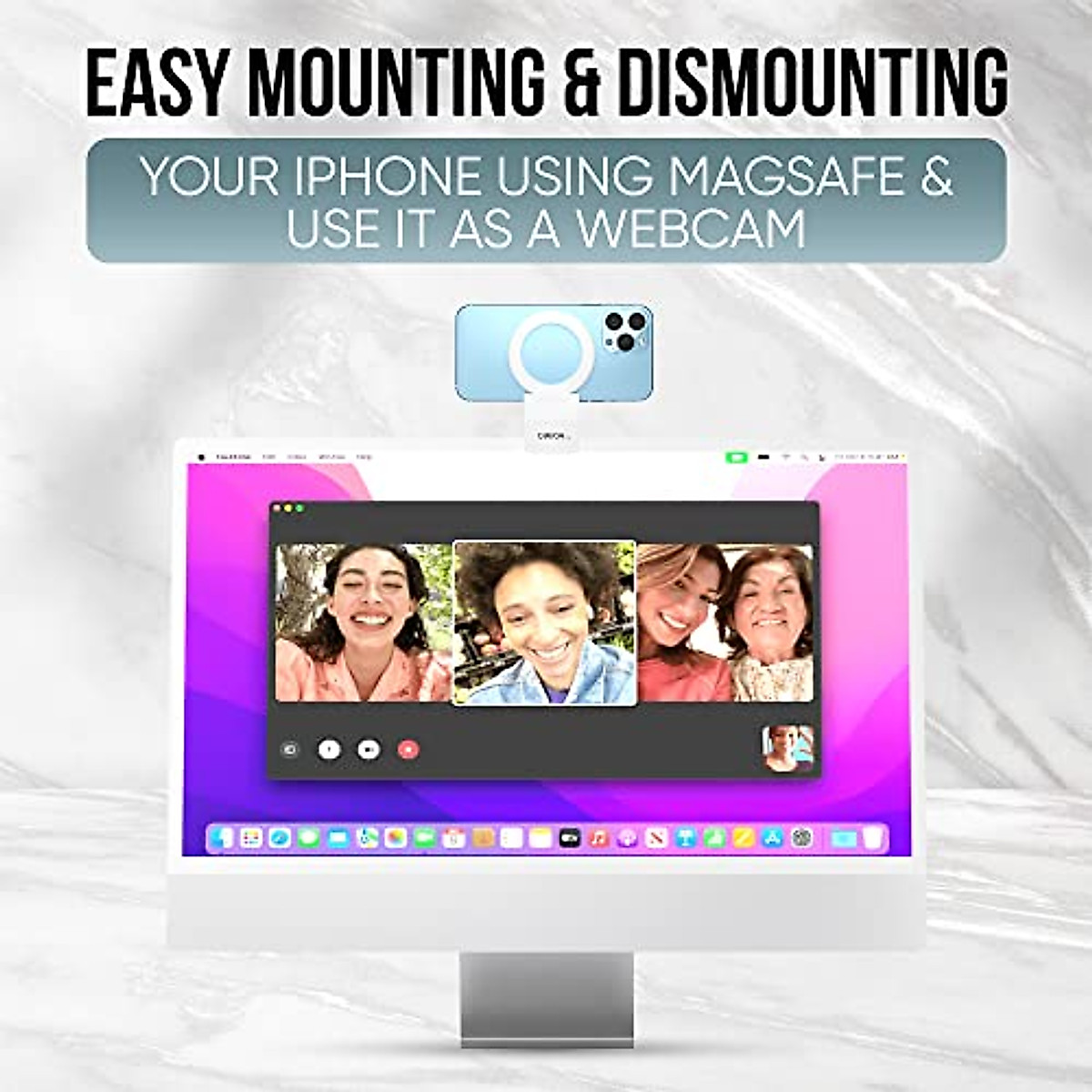 Capstone Continuity Camera Mount for Desktop Monitors with a Flat Back | 30 Degree Tilt for Desk View | Connects via MagSafe | for iPhone 12, 13 & 14 | for iOS 16 + Mac OS Ventura or Later