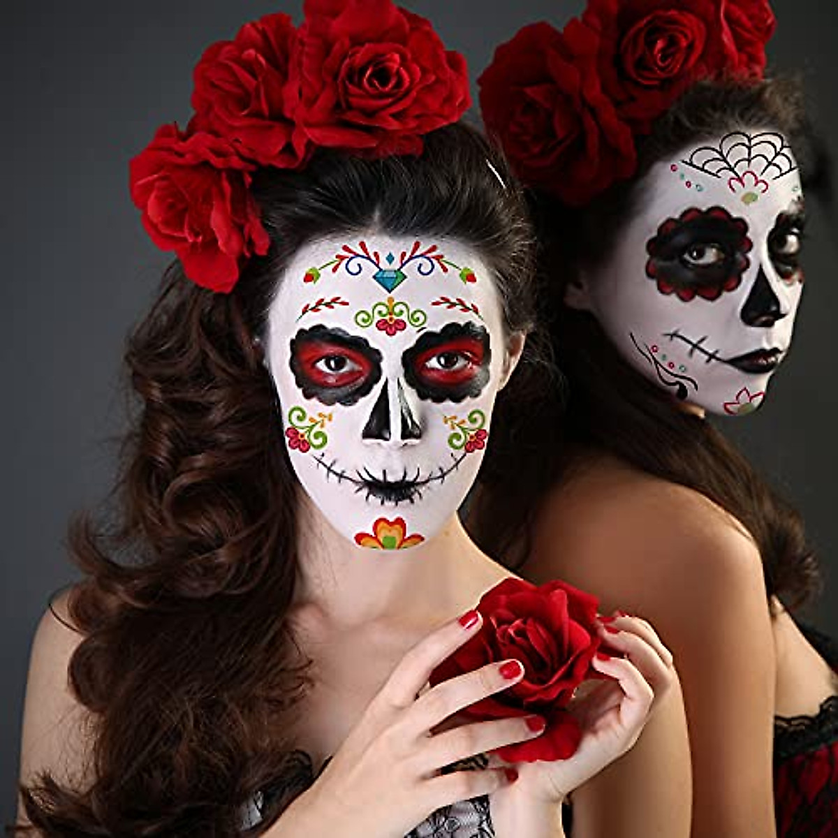 12 Sheets Halloween Face Tattoos Day of the Dead Face Sugar Skull Tattoos, Including 6 Large Sheets Halloween Sugar Skull Temporary Face Tattoos