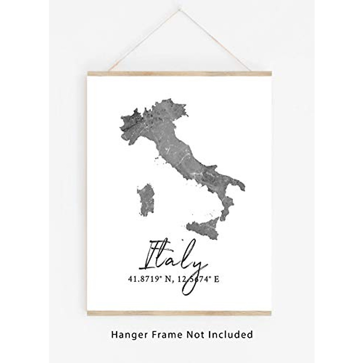 Italy Map Wall Art Print - 8x10 Silhouette Decor Print with Coordinates. Makes a Great Italian-Themed Gift. Shades of Grey, Black & White.