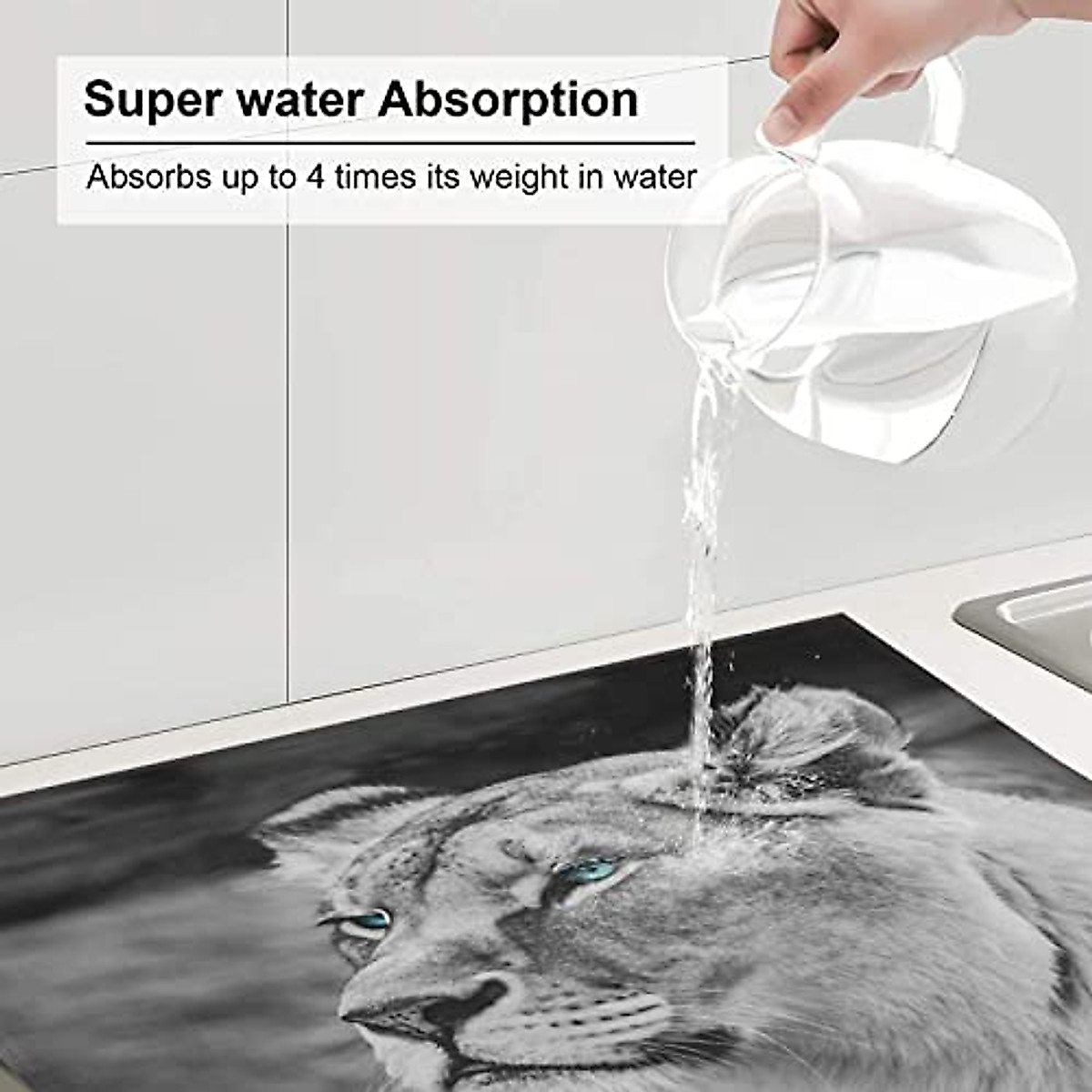 Lioness with Blue Green Eyes Printed Drying Mat For Kitchen Ultra Absorbent Microfiber Dishes Drainer Mats Non-Slip Silicone Quick Dry Pad - 18 X 16inch