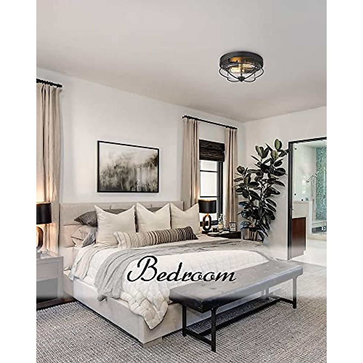 HWH INVESTMENT Flush Mount Ceiling Light Fixtures, 12 inch 2-Light Farmhouse Close to Ceiling Light Fixture with Seeded Glass Shade, Sand Black Finish, 5HTJ7-F BK