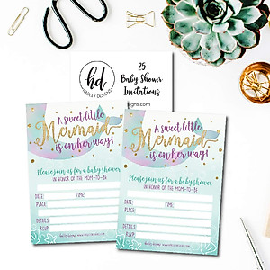 25 Mermaid Baby Shower Invitations, Sprinkle Invite for Girl, Under The Sea Nautical On Her Way, Cute Gold Printed Fill or Write in Blank Printable Card, Unique Modern Coed Twin Party Paper Supplies