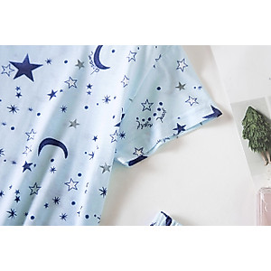 PNAEONG Women’s Pajama Set - Cotton-Blend Short-Sleeve Loose Top with Matching Capri Bottoms SY215-Blue Star-M