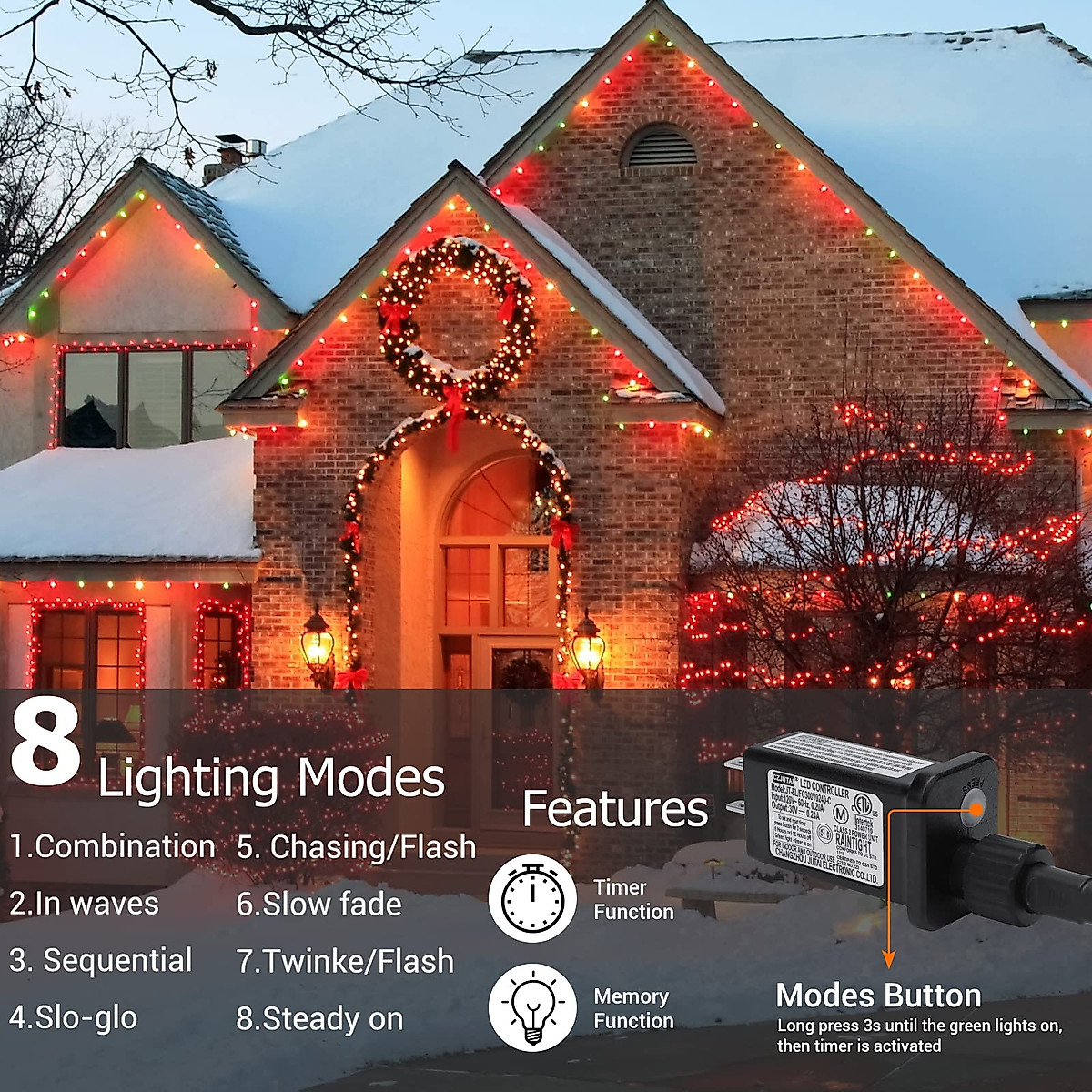 Joomer Red Christmas Lights, 66ft 200 LED String Lights 8 Modes Plugin Timer Indoor Outdoor Fairy Twinkle Lights for Home,Garden,Trees, Christmas Decorations