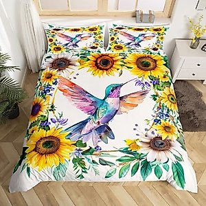 Erosebridal Girls Hummingbird King Bedding Set Rustic Sunflower Comforter Cover for Kids Women Garden Watercolor Bird Flowers Duvet Cover Farmhouse Botanical Leaves Floral Bed Set 2 Pillow Cases