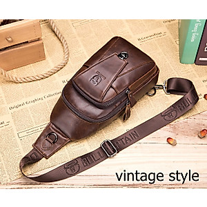 BULLCAPTAIN Genuine Leather Men Sling Crossbody Bag Backpack Outdoor Hiking Travel Chest Bag Daypack (Brown)