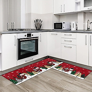 Miaklek Christmas Kitchen Rugs Anti Fatigue Mats for Kitchen Floor Cushioned Kitchen Rugs and Mats Non Slip Kitchen Runner Comfort Standing Mat, Cute Snowman Xmas Tree Winter Snowflake Red