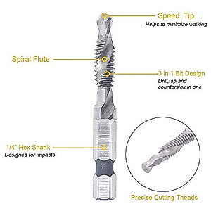 AUTOTOOLHOME 6 Pack Combination Drill and Tap Bit Set 6-32nc 8-32nc 10-32nc 10-24nc 12-24nc 1/4-20nc Screw Tap Drill Bits for Drilling Tapping Countersinking