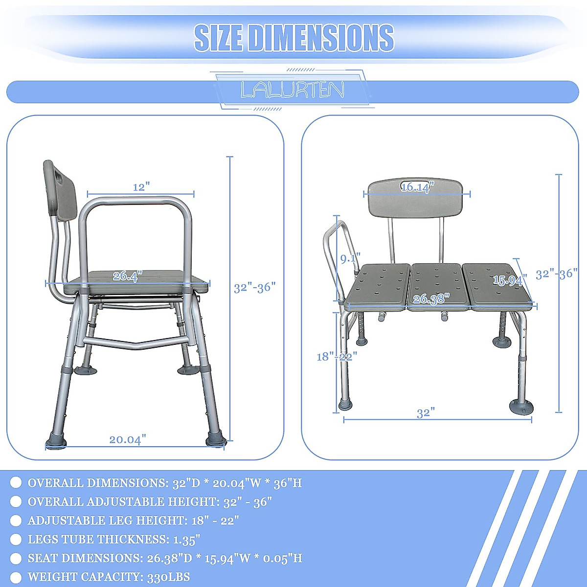 Lalurten Bathtub Transfer Bench with Height Adjustable Legs Tub Transfer Bench Shower Chair with Backrest & Armrest Convert to Right/Left Hand Entry Transfer Bench for Bathtub Support 330 lbs (Grey)