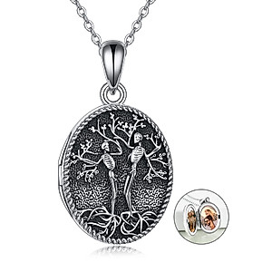 ONEFINITY Skull Locket Necklace Sterling Silver Skeleton Tree of Life Locket Necklace That Holds Pictures Couple Skull Locket Pendant Halloween Jewelry Gifts for Women Wife Mom