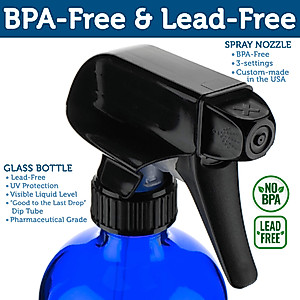 Sally's Organics Blue Glass Spray Bottle - Large 16 oz Refillable Container for Essential Oils, Cleaning Products, or Aromatherapy - Black Trigger Sprayer w/Mist and Stream Settings - 6 Pack