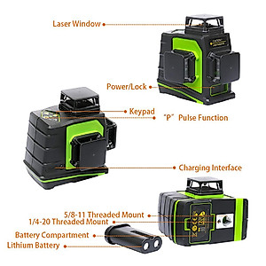 Huepar 3D Green Beam Self-Leveling Laser Level 3 x 360 Cross Line Three-Plane Leveling and Alignment Tool -Two 360 Vertical and One 360 Horizontal Line -Magnetic Pivoting Base GF360G