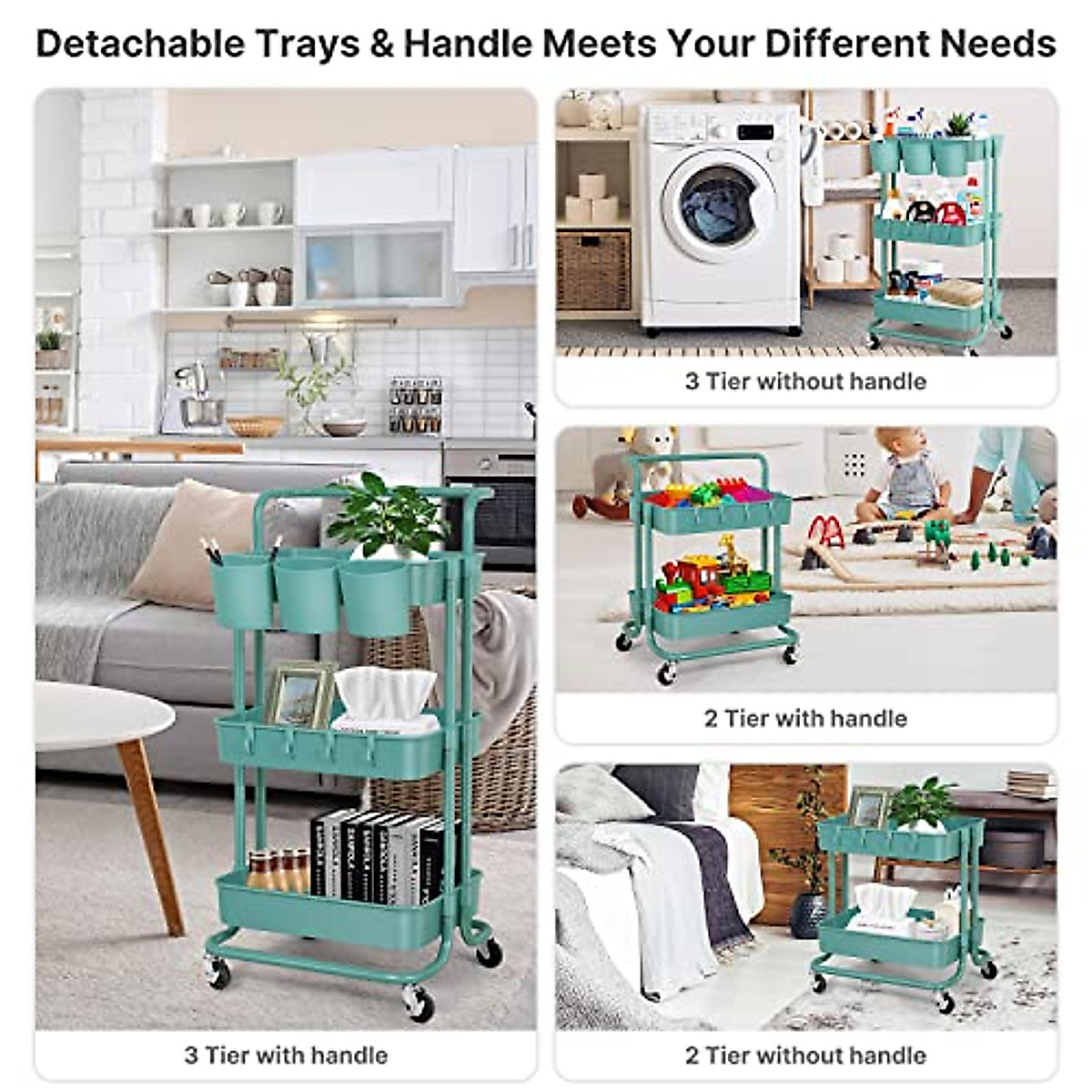 E&D FURNITURE 3 Tier Rolling Storage Cart with Wheels, Utility Art Craft Supply Cart Organizer on Wheels, Multipurpose Adjustable Makeup Cart Hair Salon Trolley with Handle & Hanging Cups Blue