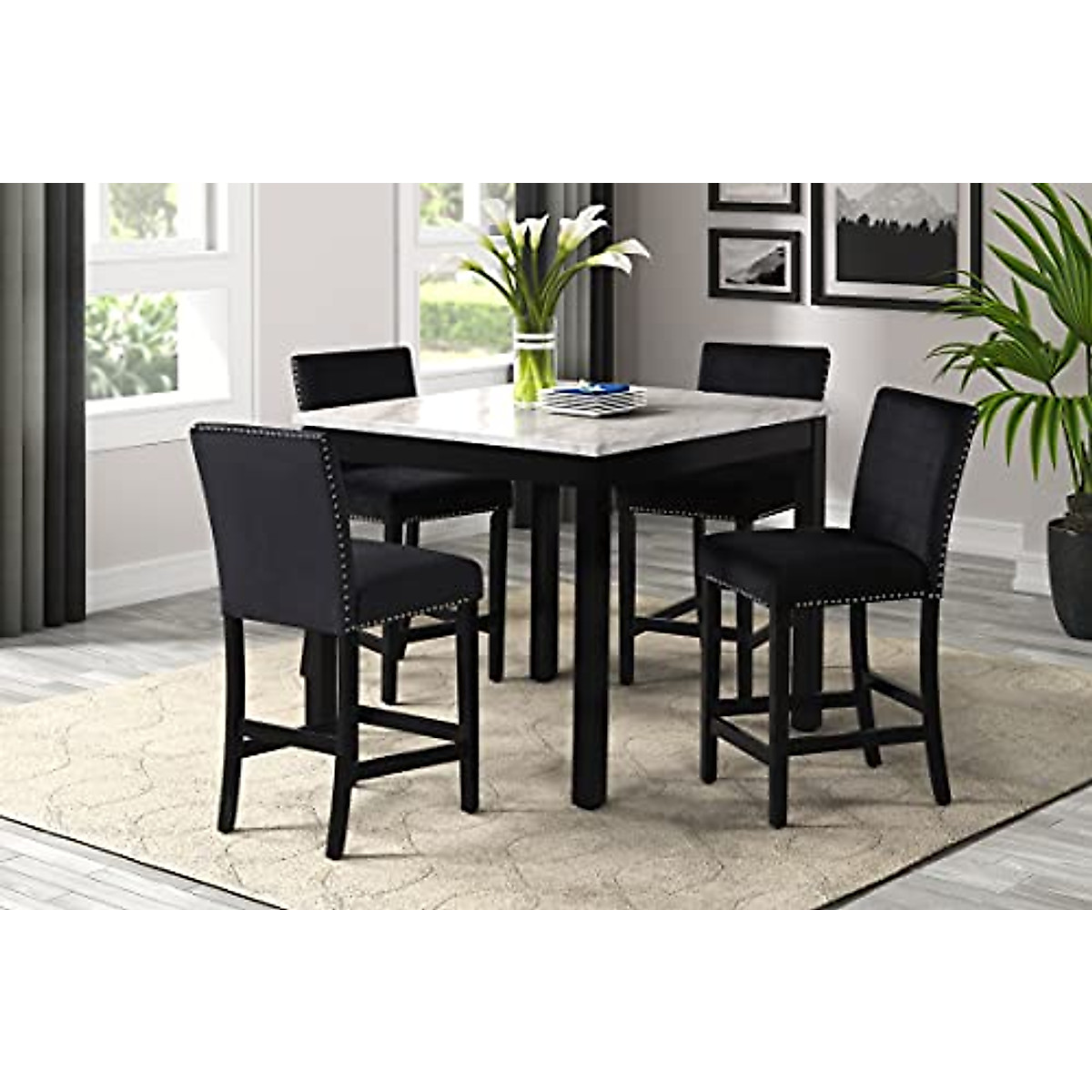 GLORHOME 4 5-Piece Counter Height Set with One Faux Marble Dining Table and Four Upholstered-Seat Chairs for Kitchen, Black