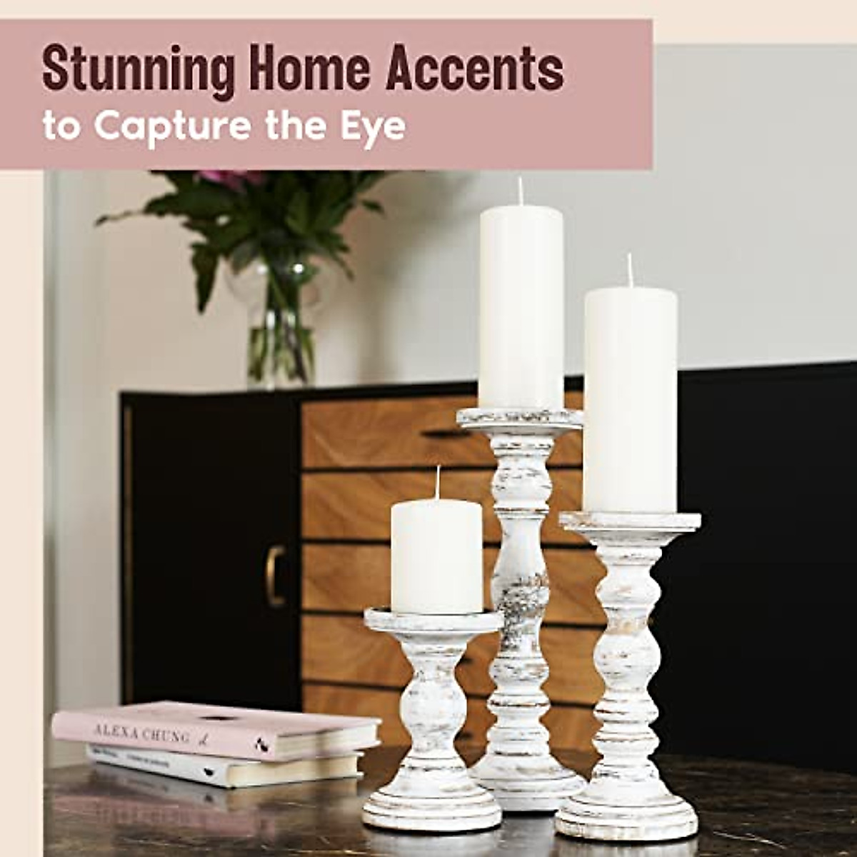 Candle Holders for Pillar Candles - Large Candle Holders Tall Candle Holders for Pillar Candles - Wooden Candle Holders Pillar Compatible With Battery-Operated Candles - Pillar Candle Holders Set of 3