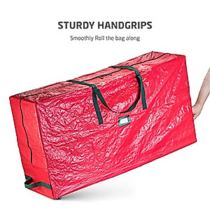 Zober Rolling Large Christmas Tree Storage Bag - Fits Artificial Disassembled Trees, Durable Handles & Wheels for Easy Carrying and Transport - Tear/Waterproof Polyethylene Plastic Duffle Bag (7.5 Ft., Red)