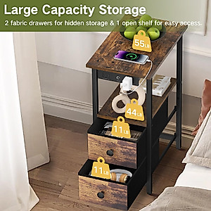 OUTONLIFE Side Table with LED Dimmable Light & Charging Station, Nightstand with 2 Fabric Drawers, 2 USB Ports & AC Outlet, Narrow End Table with Storage for Bedroom, Living Room, Office, Small Space